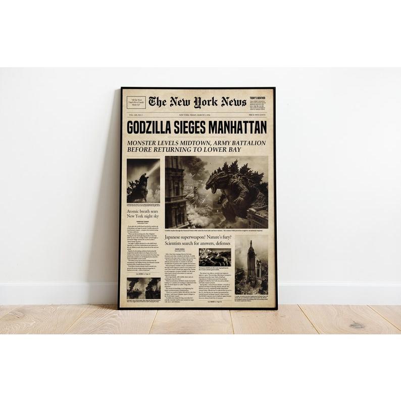Godzilla Poster | Vintage Wall Art | Retro Decor | Newspaper - TikTok Shop