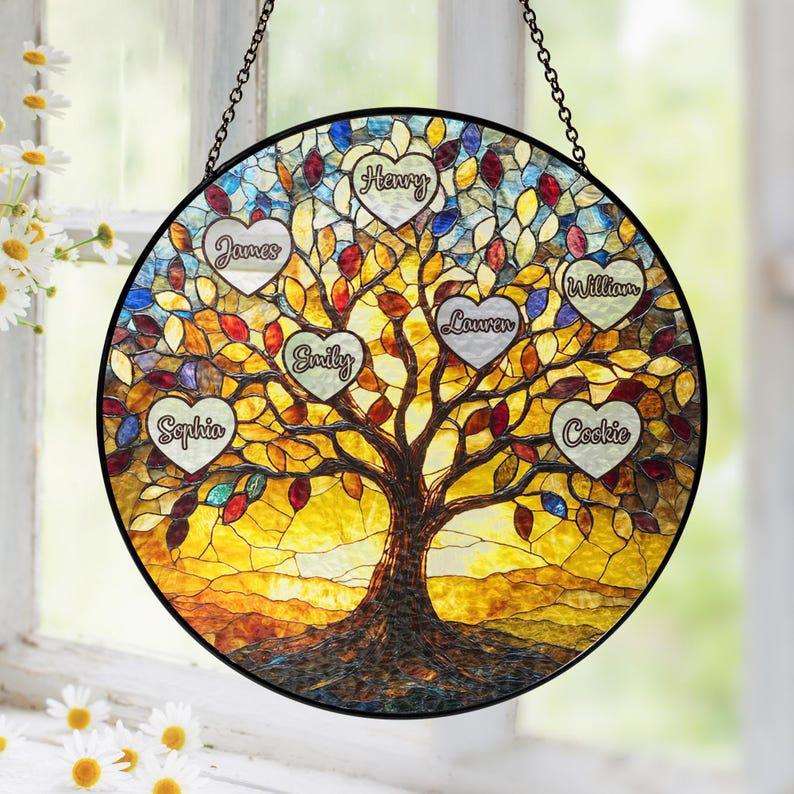 Tree of Life Names Stained Glass Suncatcher, Family Tree Suncatcher ...