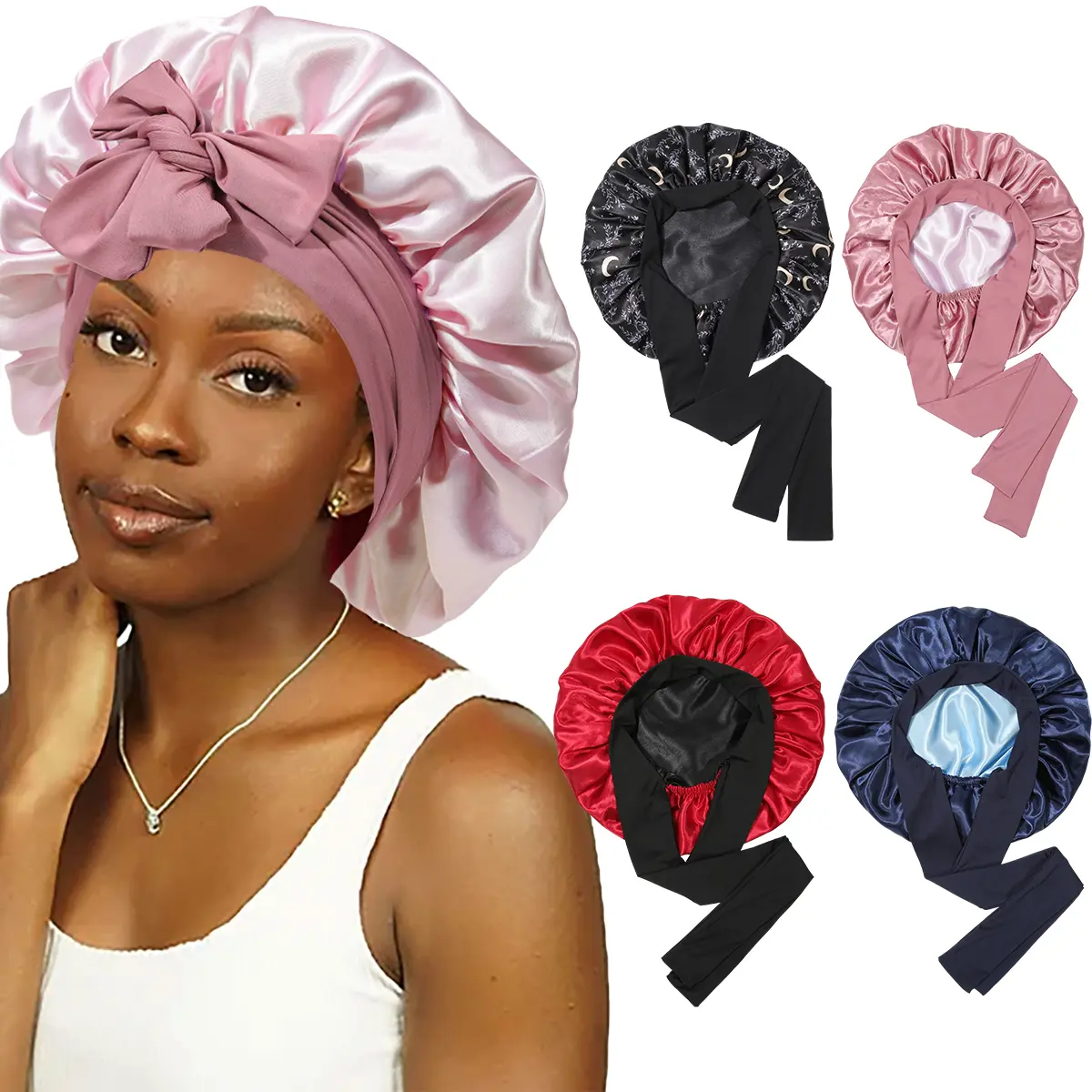 Double Layer Hair Bonnet with Tie Band Hair Care Night Cap Nonslip ...